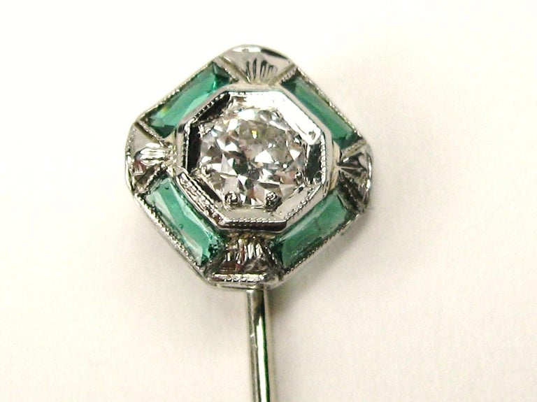 18 Karat Diamond and Emerald Stick Pin Art Deco Brooch at 1stDibs ...