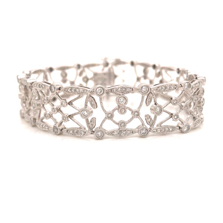 18K Diamond Open Weave Bracelet White Gold For Sale at 1stDibs