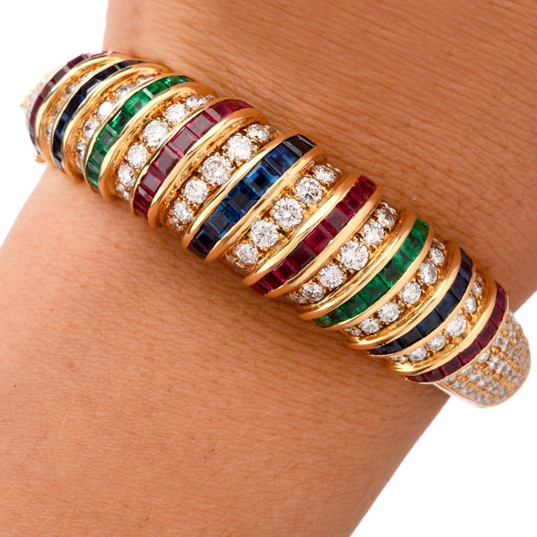18 Karat Diamond Sapphire Emerald Ruby Gold Bangle Bracelet For Sale at 1stDibs