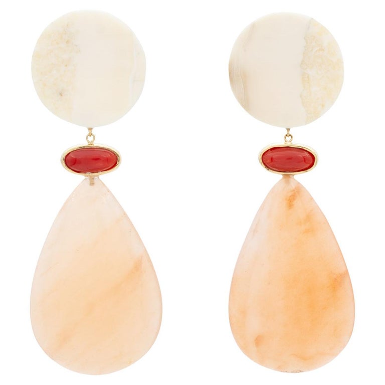 18K Fossilized Walrus Ivory, Coral and Peach Chalcedony Statement ...