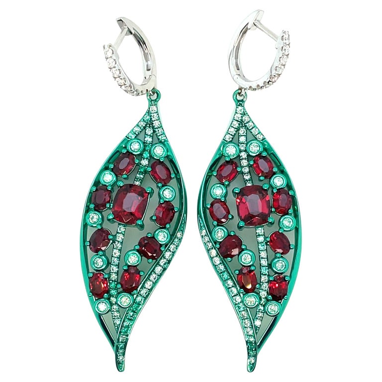 18K GG Spinel Diamond Leaf Earrings For Sale at 1stDibs
