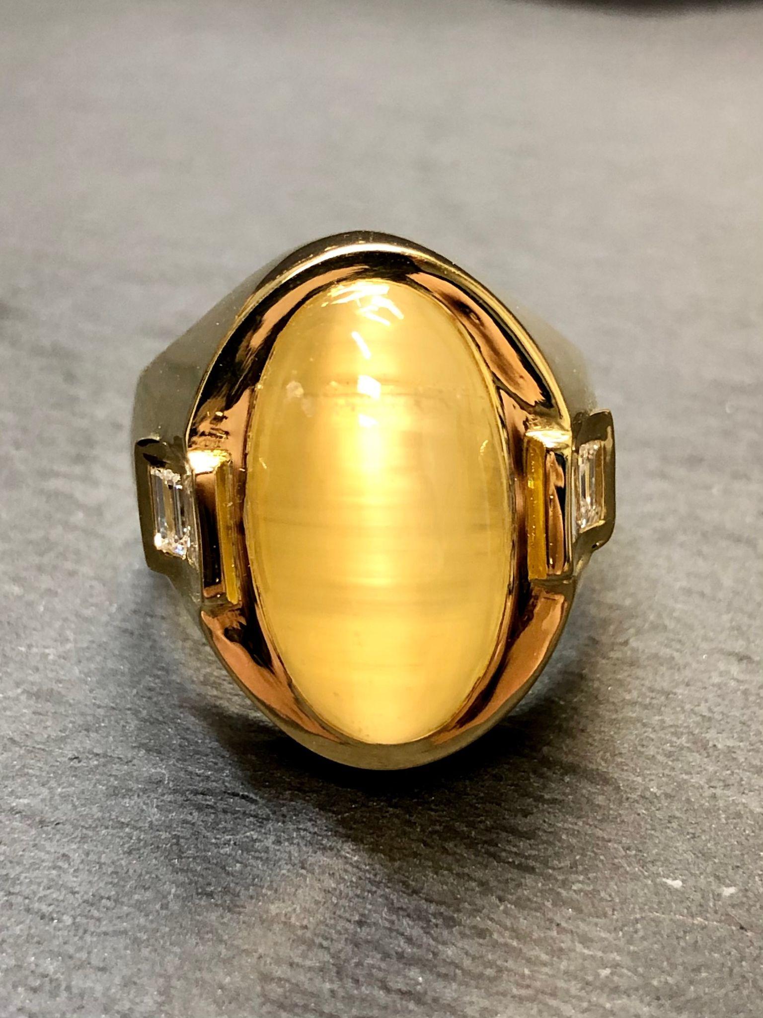 18K GIA No Heat Cats Eye Golden Beryl Baguette Diamond Men’s Ring at ...