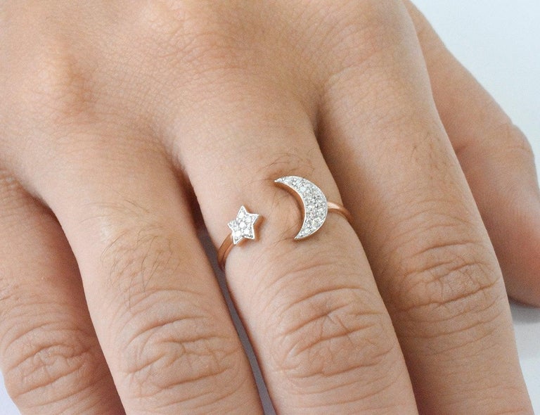 Customizable 18k Gold 0.06 Carat Diamond Moon and Star Ring For Sale at ...