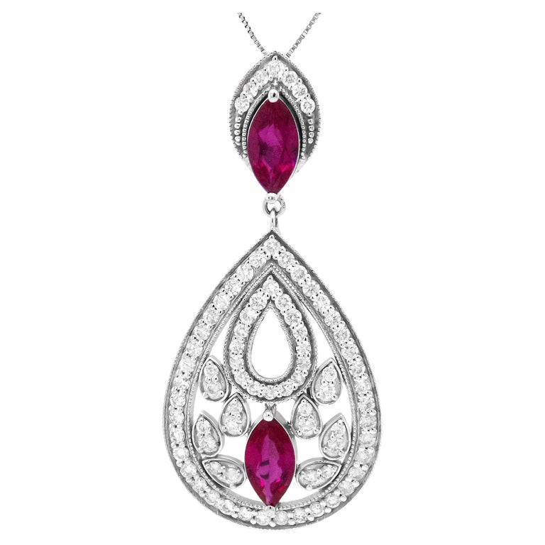 18K Gold 1.0 Carat Diamond and Ruby Teardrop Dangle Pendant Necklace ...