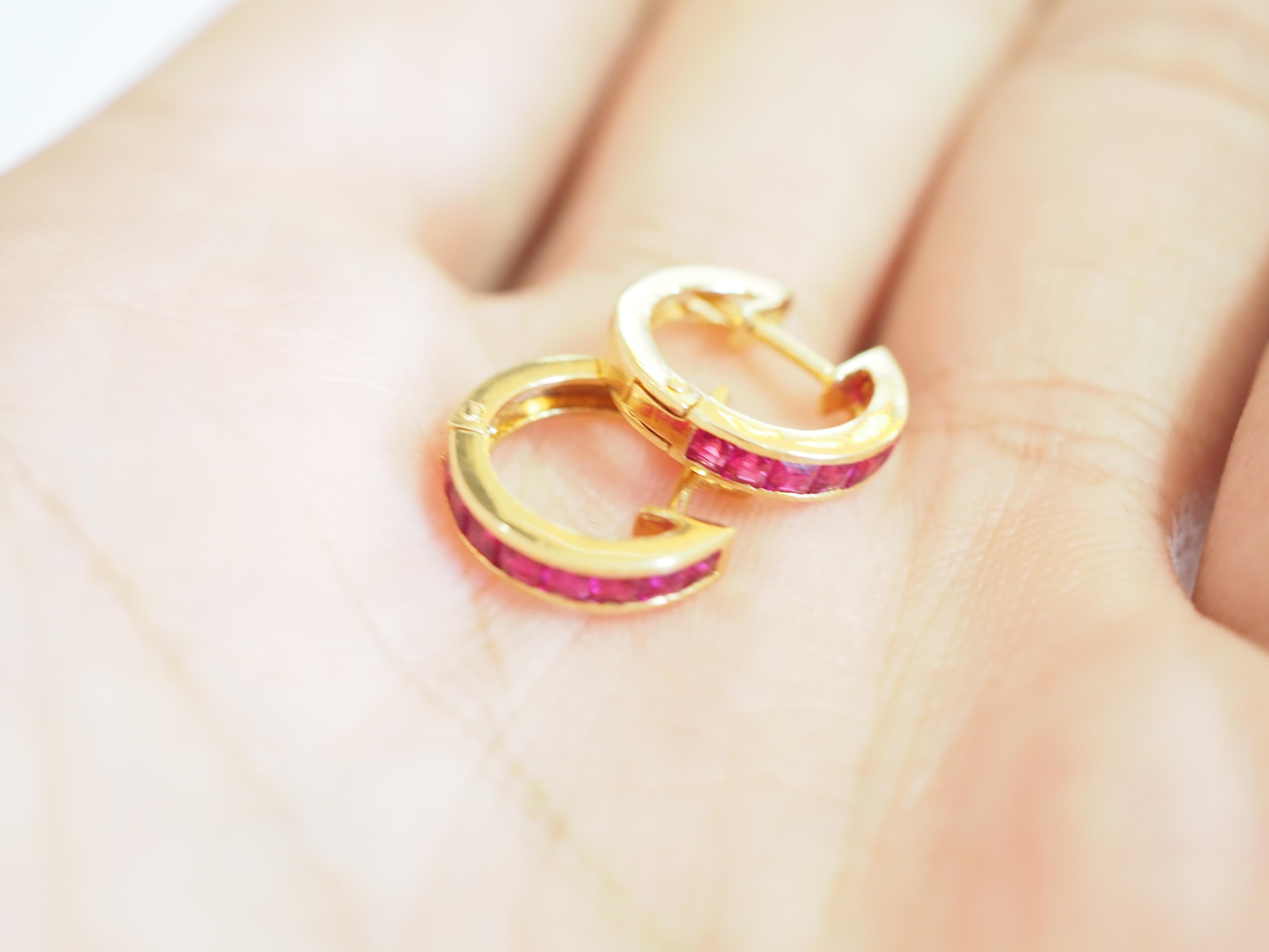 18K Gold 1.10ct Squared Cut Bright Red Ruby Hoop Earring at 1stDibs ...
