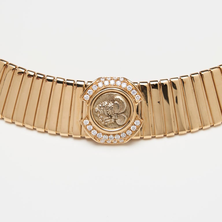 18k Gold Greek Coin Omega Collar Necklace with Diamonds For Sale at 1stDibs