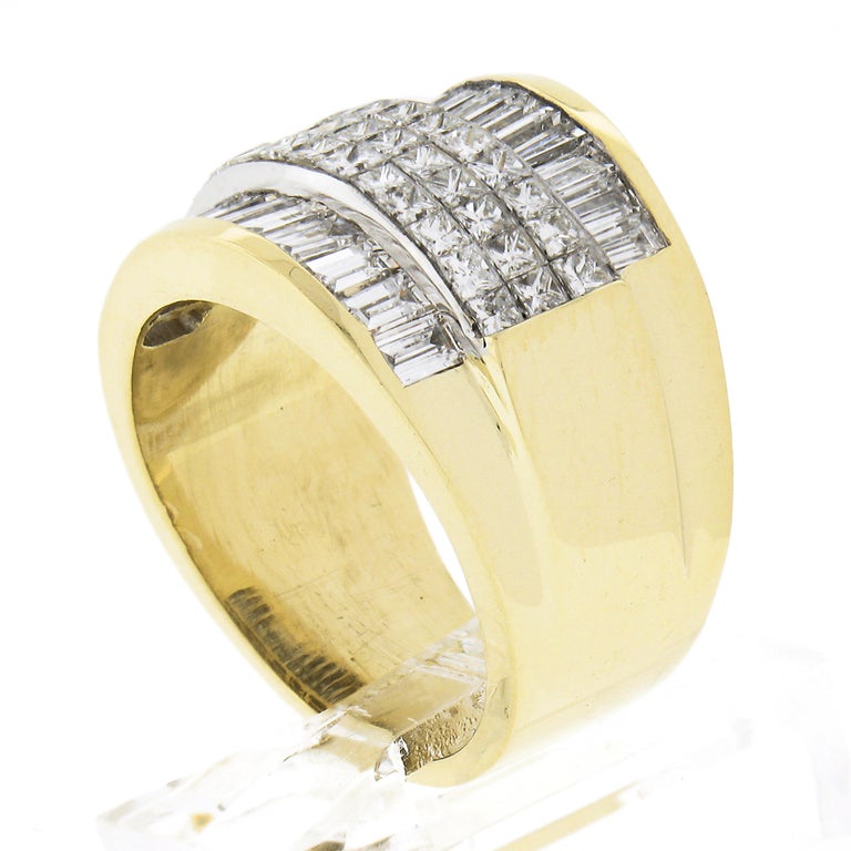18k Gold 3.08ct Multi Row Invisible Set Princess Baguette Diamond Wide ...