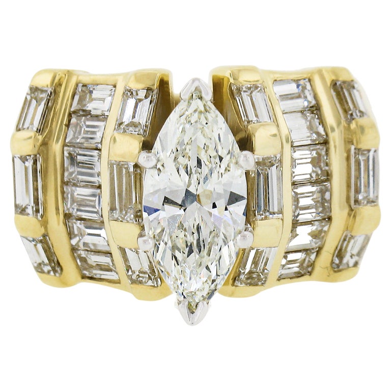 18k Gold 3.97ctw GIA Marquise Diamond w/ Baguette Sides Wide Engagement ...