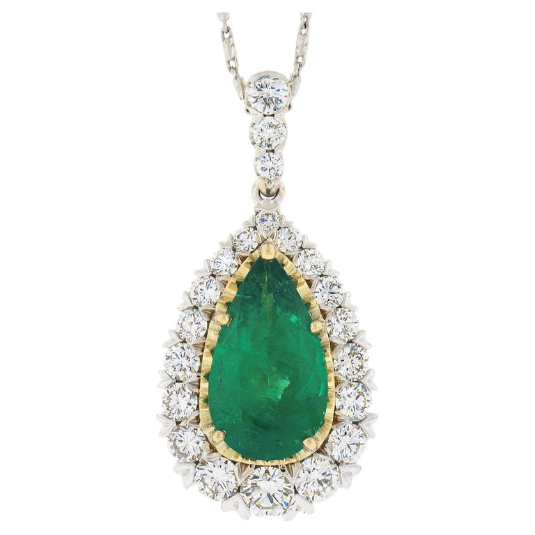 18k Gold 4.51ct GIA Colombian Pear Emerald Diamond Halo Teardrop ...