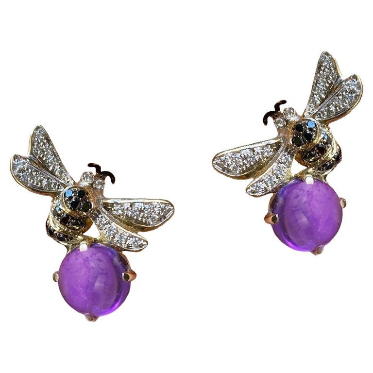 18k Gold Amethyst 0.34 Karat White and Black Diamond Bees Stud Modern ...
