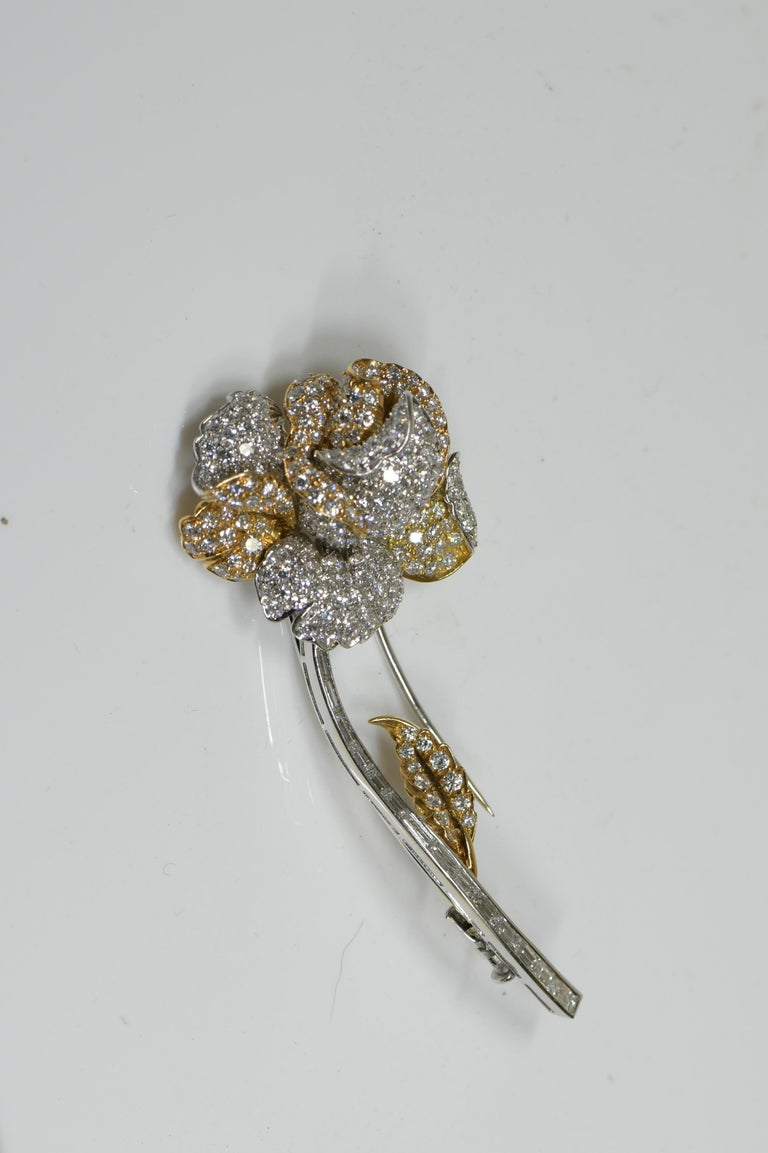 18K Gold Diamond Rose Flower Brooch For Sale at 1stDibs