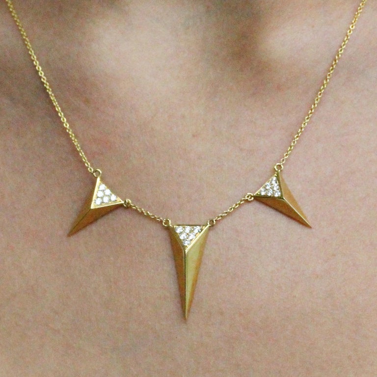 18K Gold Art Deco Style Dagger Necklace Triangle Pyramid Pavé Diamond ...