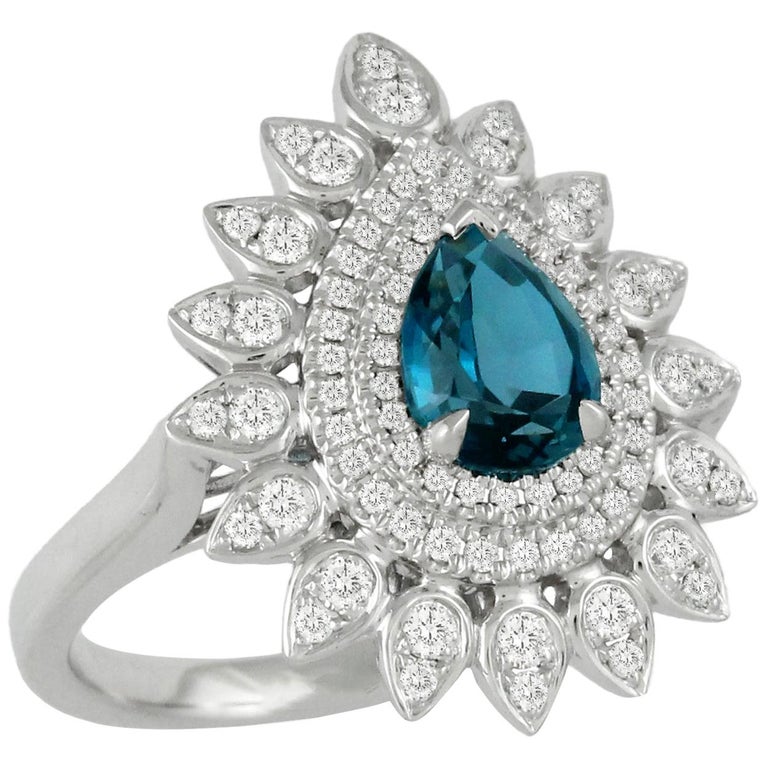 18K Gold Art Deco Style Pear Shape Cocktail Ring w/London Blue Topaz ...