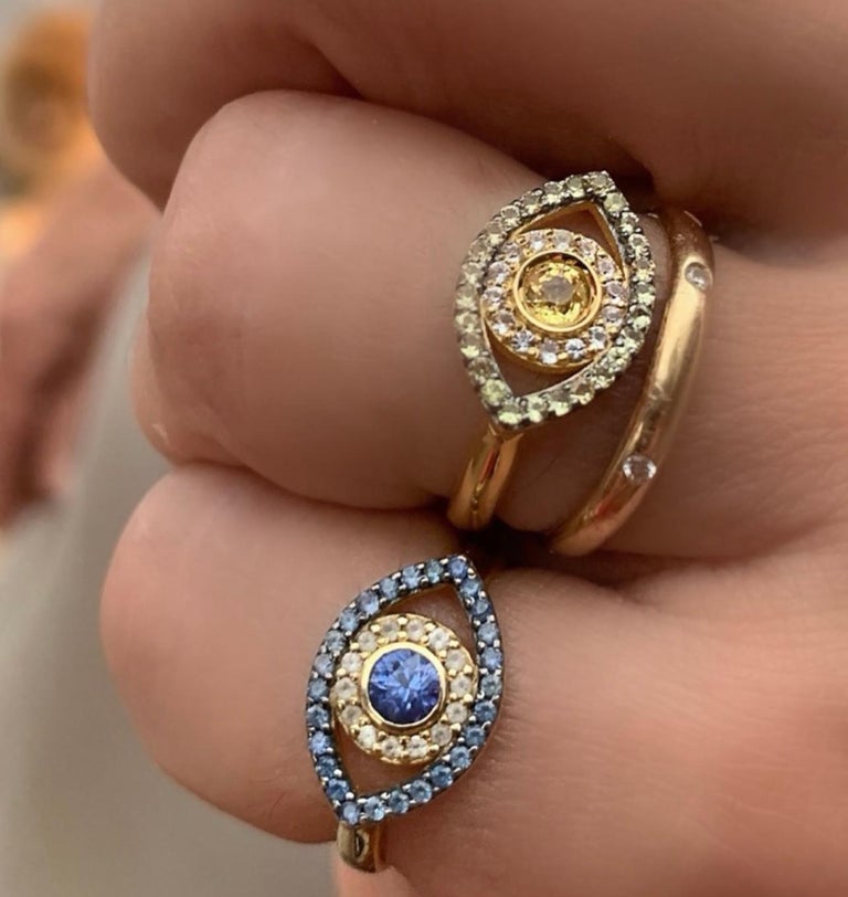 Customizable 18K Gold Blue Evil Eye Ring with Sapphires For Sale at 1stDibs