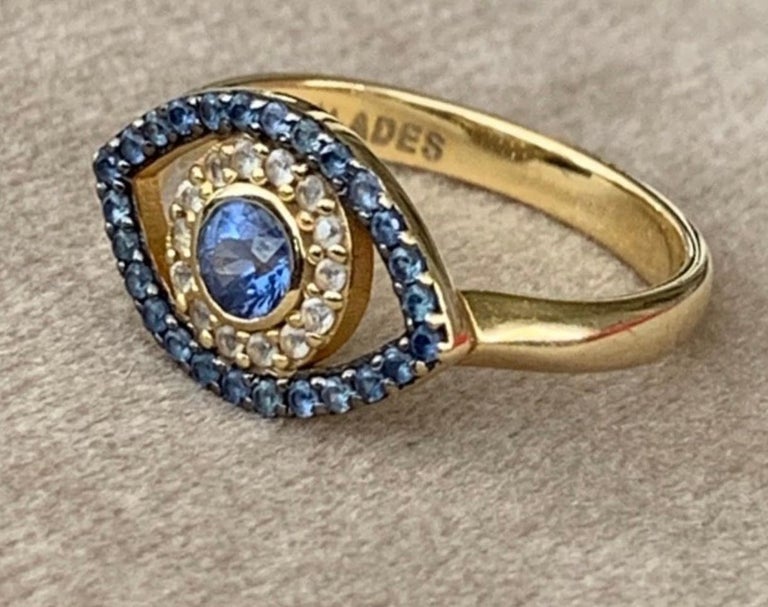 Customizable 18K Gold Blue Evil Eye Ring with Sapphires For Sale at 1stDibs
