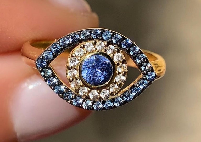 Customizable 18K Gold Blue Evil Eye Ring with Sapphires For Sale at 1stDibs