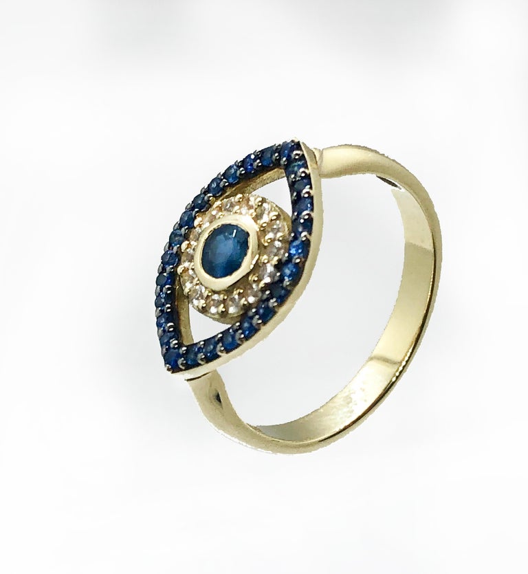 Customizable 18K Gold Blue Evil Eye Ring with Sapphires For Sale at 1stDibs