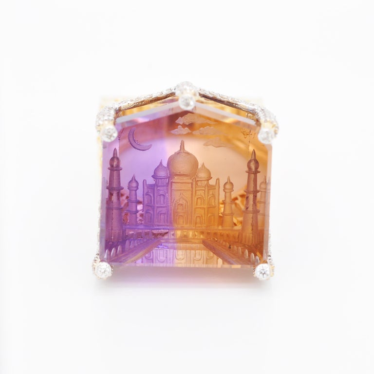 18k Gold Bolivian Ametrine Taj Mahal Intaglio Undercarving Diamond ...