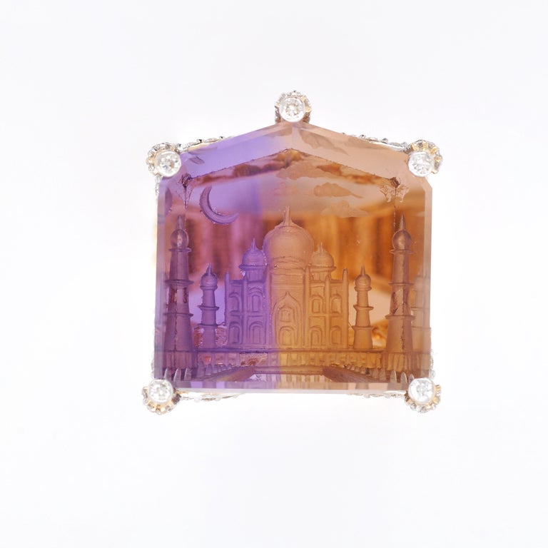 18k Gold Bolivian Ametrine Taj Mahal Intaglio Undercarving Diamond ...
