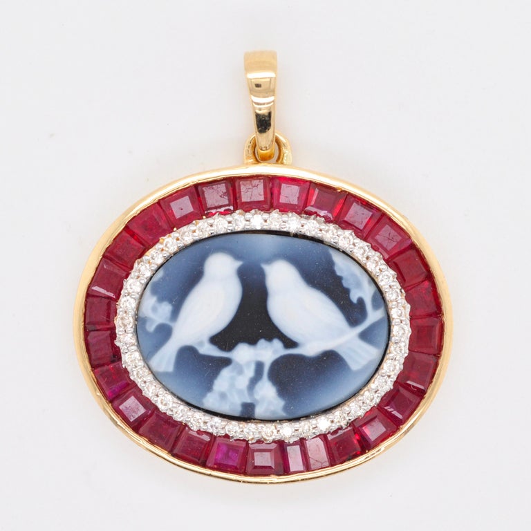 18K Gold Calibre Cut Burma Ruby Diamond Carved Love Birds Agate Cameo ...