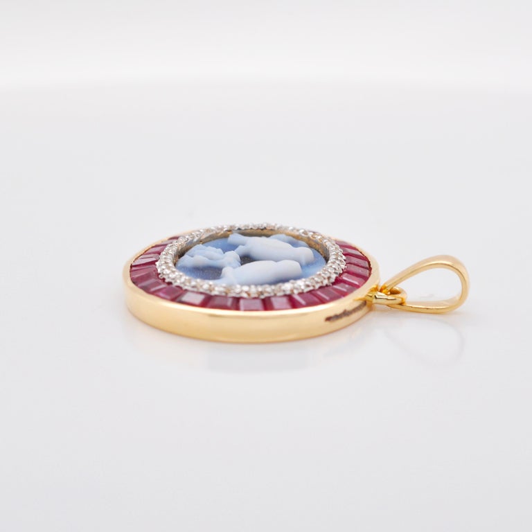 18K Gold Calibre Cut Burma Ruby Diamond Carved Love Birds Agate Cameo ...