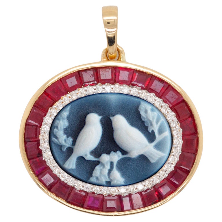18K Gold Calibre Cut Burma Ruby Diamond Carved Love Birds Agate Cameo ...