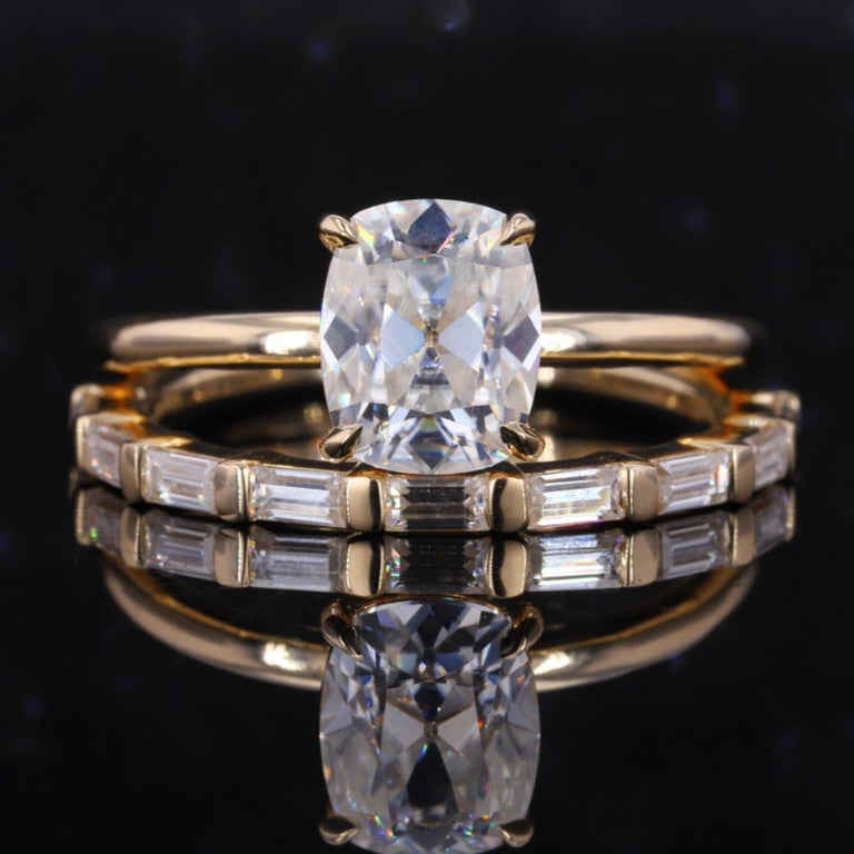 Customizable 18K Gold Cushion Cut Diamonds Engagement Ring Set For Sale ...