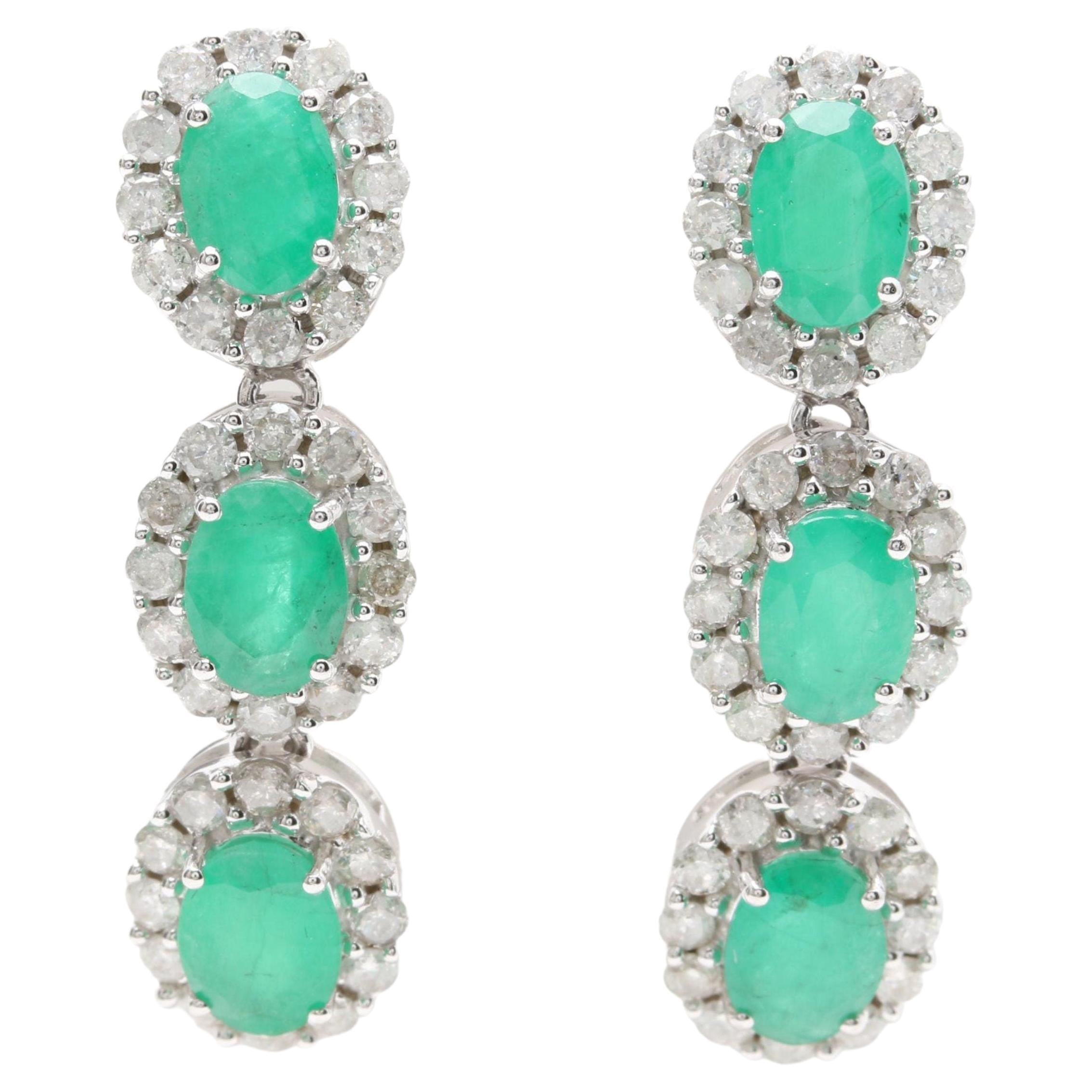 Antique Emerald Drop Earrings, 18K Gold Emerald and Diamond Dangle ...