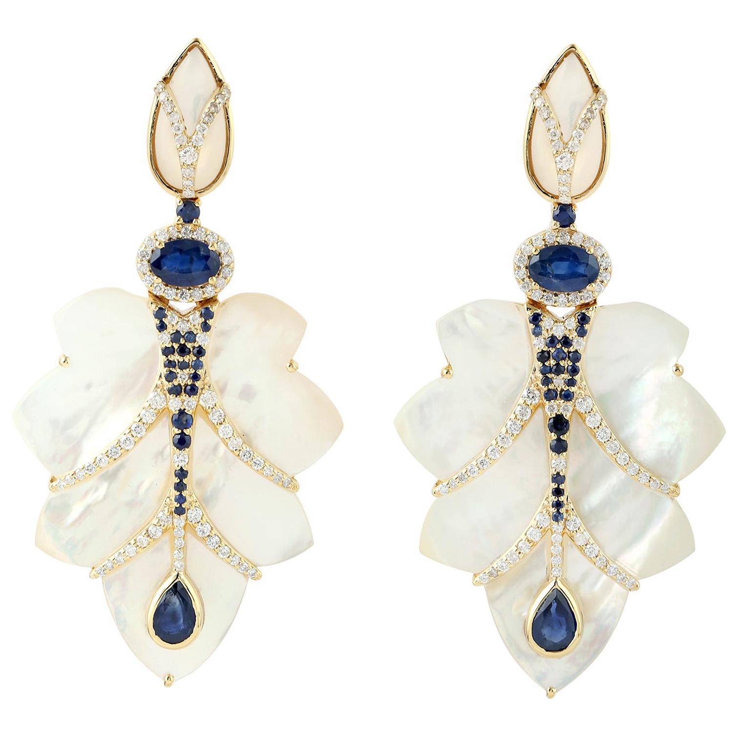 18k Gold 26 Carat Mother of Pearl Dangle Diamond Pave Blue Sapphire ...