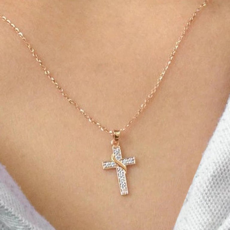 18k Gold Diamond Cross Necklace Baptism Confirmation Pendant For Sale ...