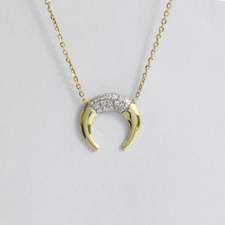 18K Gold Diamond Horn Necklace Dainty Crescent Moon Diamond Necklace ...