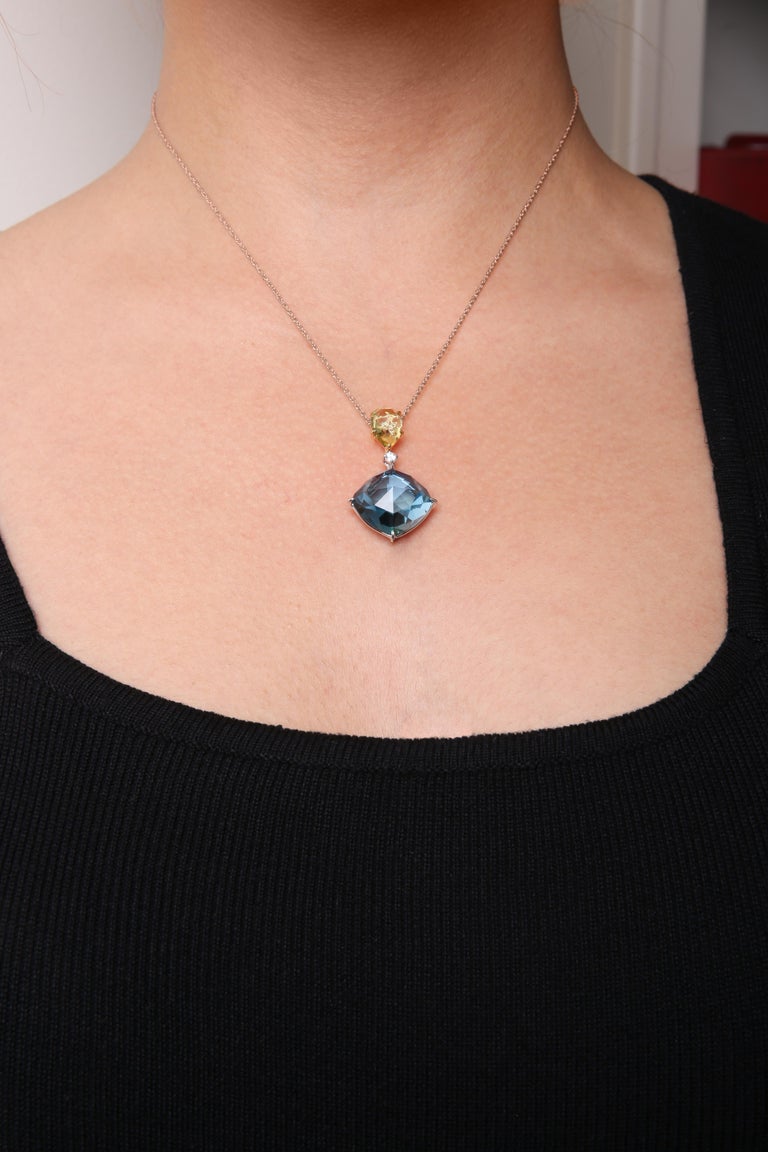 18K White Gold Diamond and Lemon Quartz and Blue Topaz Gemstone Pendant ...