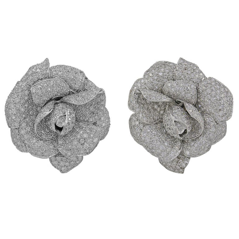 18K Gold Diamond Rose Earrings For Sale at 1stDibs