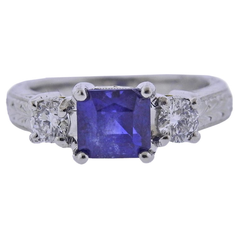 18k Gold Diamond Sapphire Engagement Ring For Sale at 1stDibs