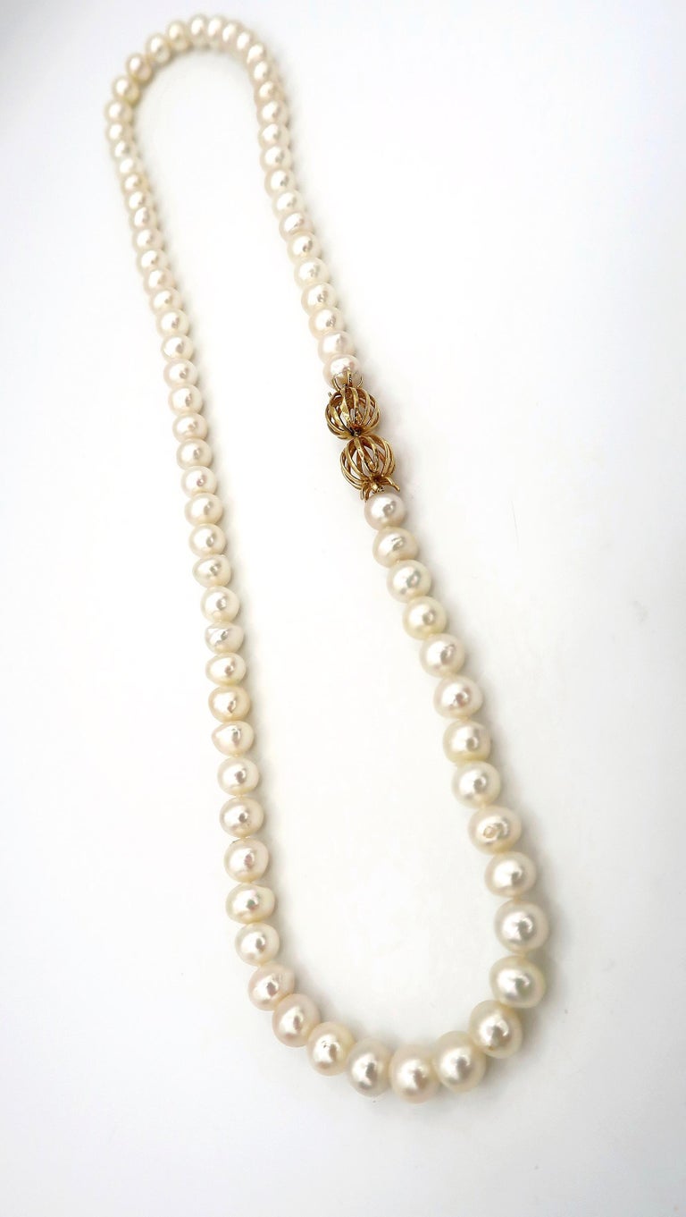 18K Gold Double Lined Ball Cage Clasp Single Strand Long Cultured Pearl ...