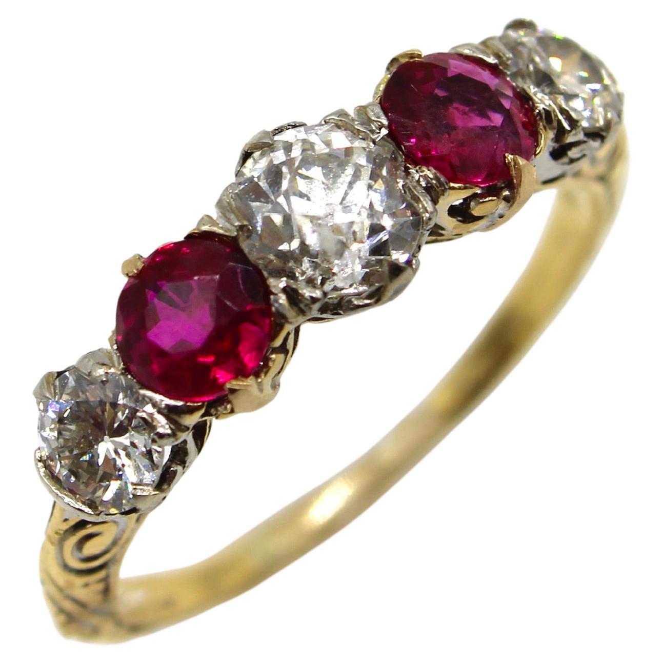 18K Gold Edwardian Five-Stone Diamond and Burmese Ruby Ring For Sale at ...