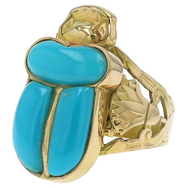 18K Gold Egyptian Revival Turquoise Scarab Ring For Sale at 1stDibs