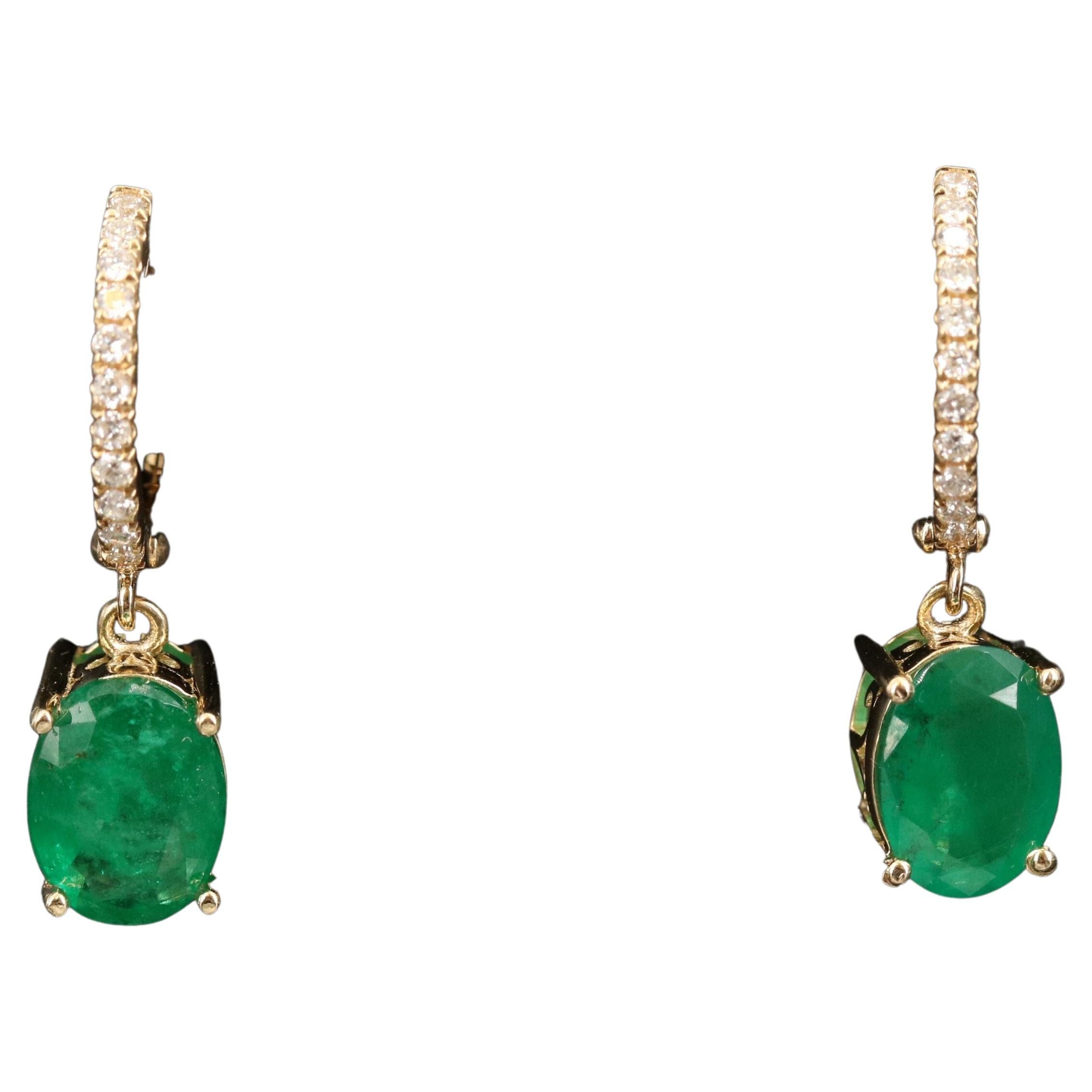 Antique Emerald Drop Earrings, 18K Gold Emerald and Diamond Dangle ...