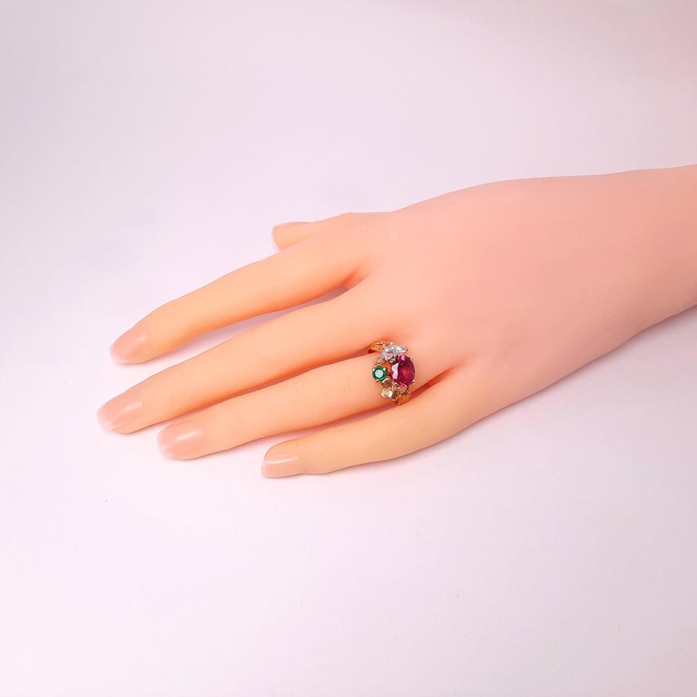 18k Gold Emerald Pink Tourmaline Handmade Ring For Sale at 1stDibs
