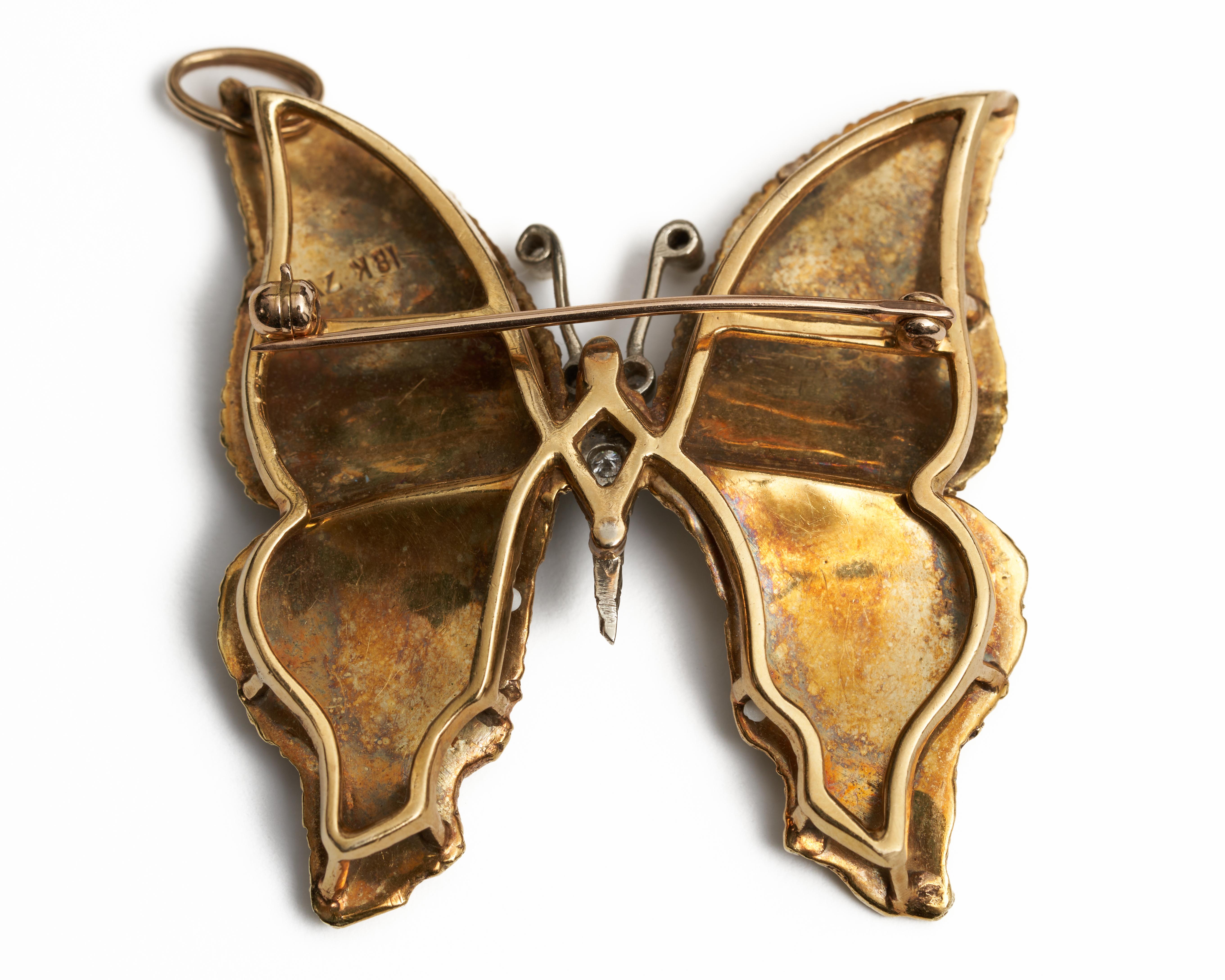 18k Gold, Enamel and Diamond Butterfly Convertible Brooch For Sale at ...