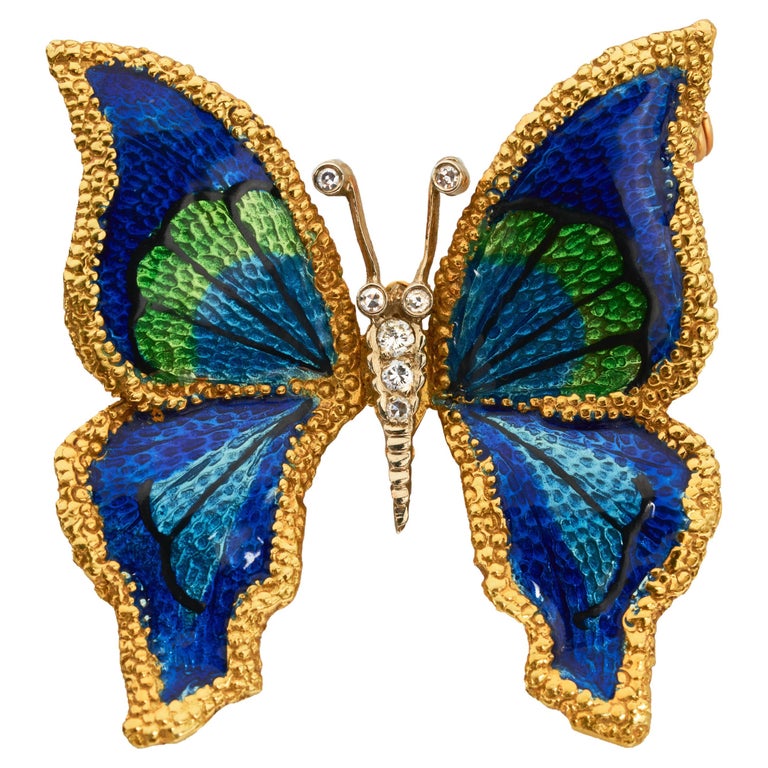 18k Gold, Enamel and Diamond Butterfly Convertible Brooch For Sale at ...