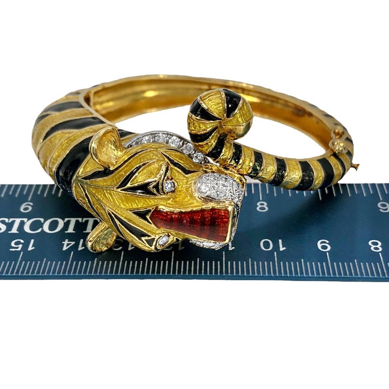 18K Gold, Enamel and Diamond Tiger Bangle Bracelet For Sale at 1stDibs