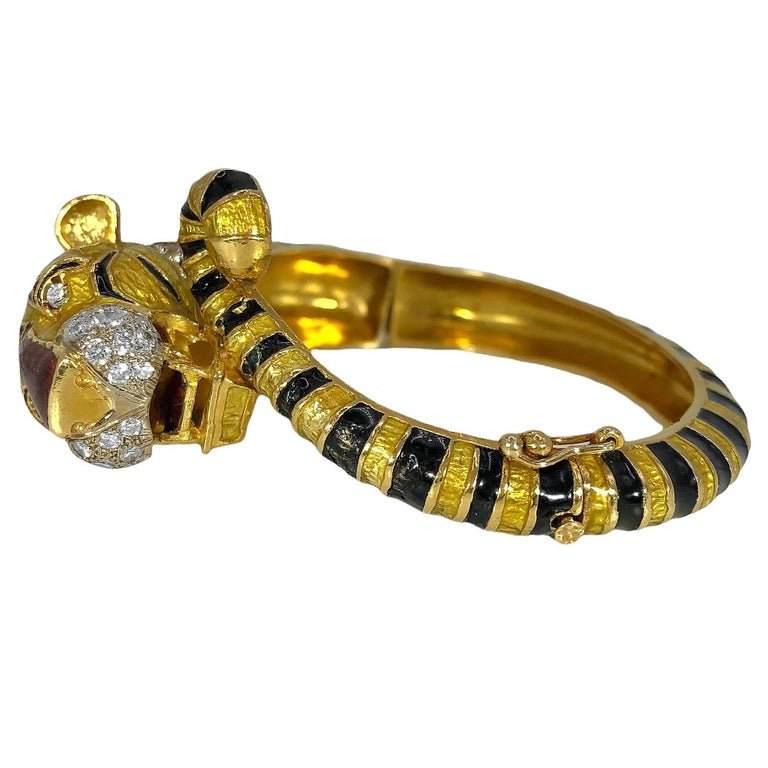 18K Gold, Enamel and Diamond Tiger Bangle Bracelet For Sale at 1stDibs