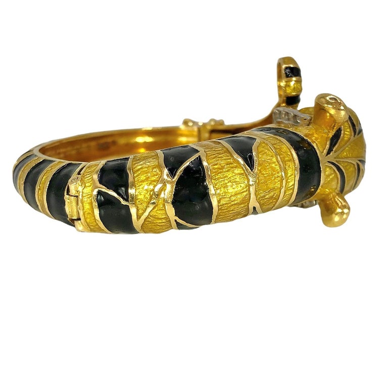18K Gold, Enamel and Diamond Tiger Bangle Bracelet For Sale at 1stDibs