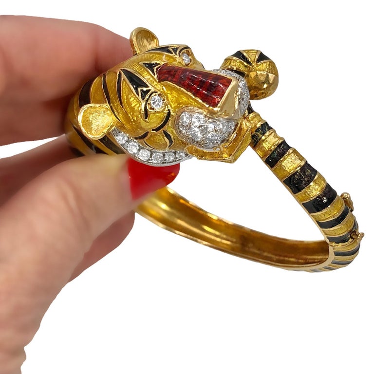 18K Gold, Enamel and Diamond Tiger Bangle Bracelet For Sale at 1stDibs