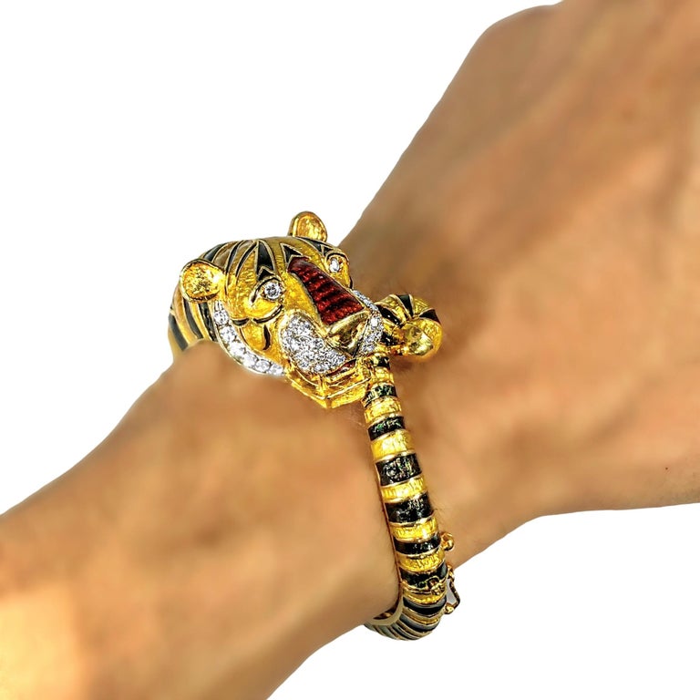 18K Gold, Enamel and Diamond Tiger Bangle Bracelet For Sale at 1stDibs
