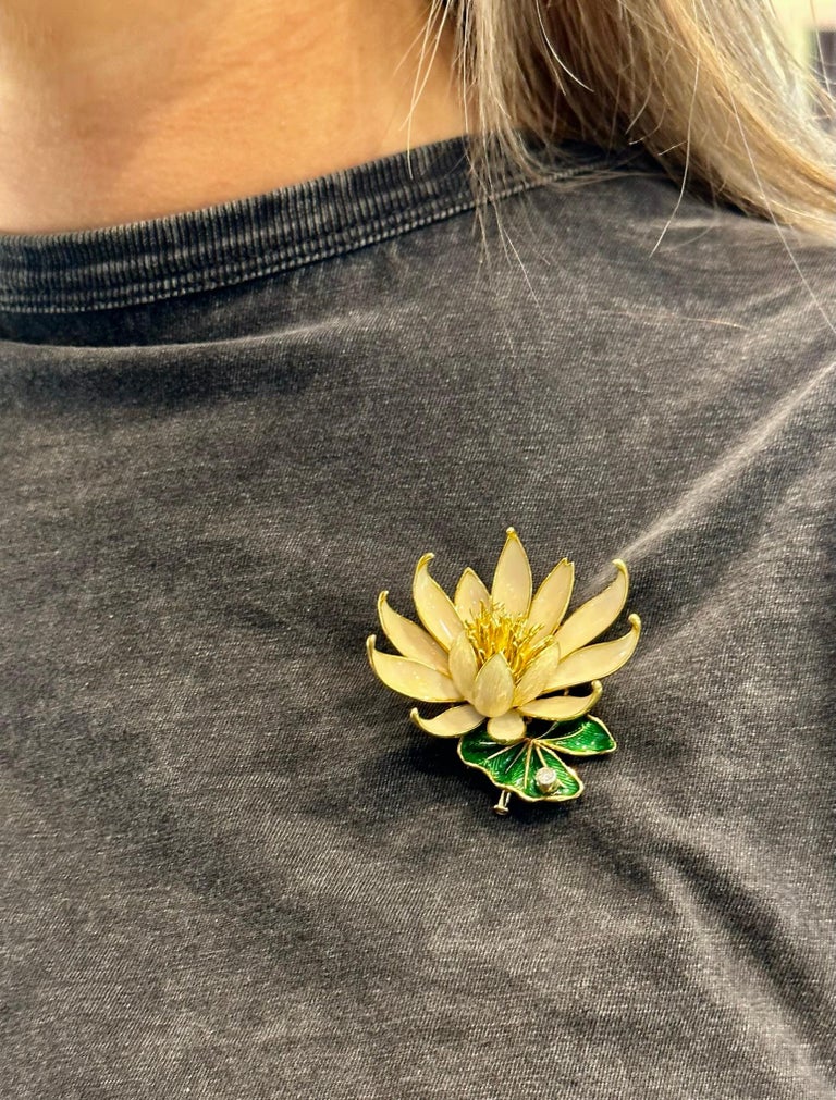 18k, Gold/Enemal, Mauboussin Water Lily Brooch from, 1968 For Sale at ...