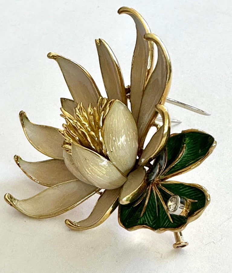 18k, Gold/Enemal, Mauboussin Water Lily Brooch from, 1968 For Sale at ...