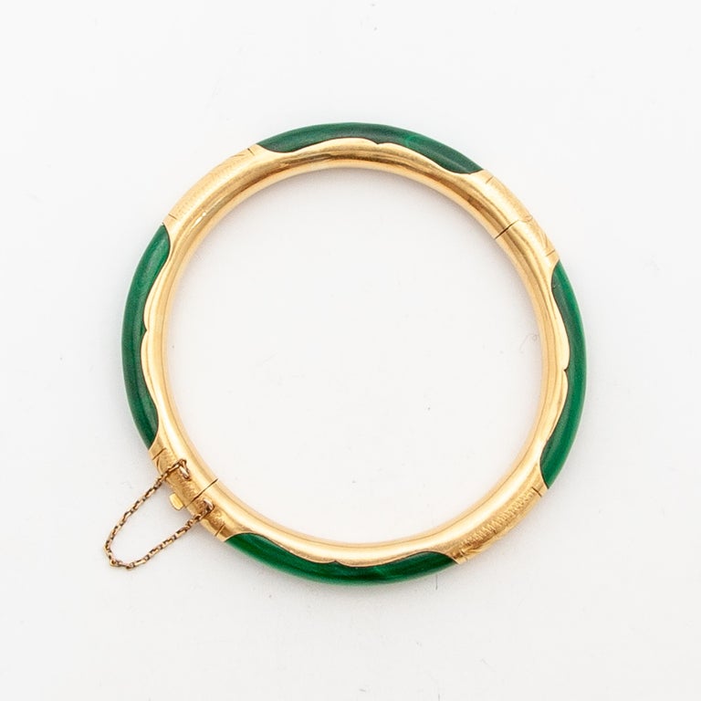 18K Gold Etched Malachite Bangle Bracelet For Sale at 1stDibs