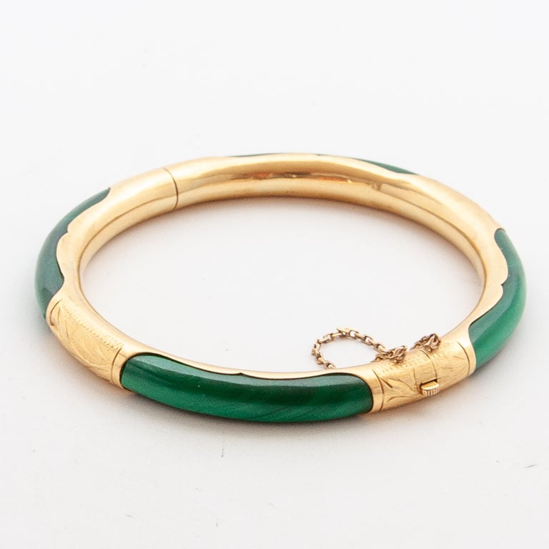 18K Gold Etched Malachite Bangle Bracelet For Sale at 1stDibs